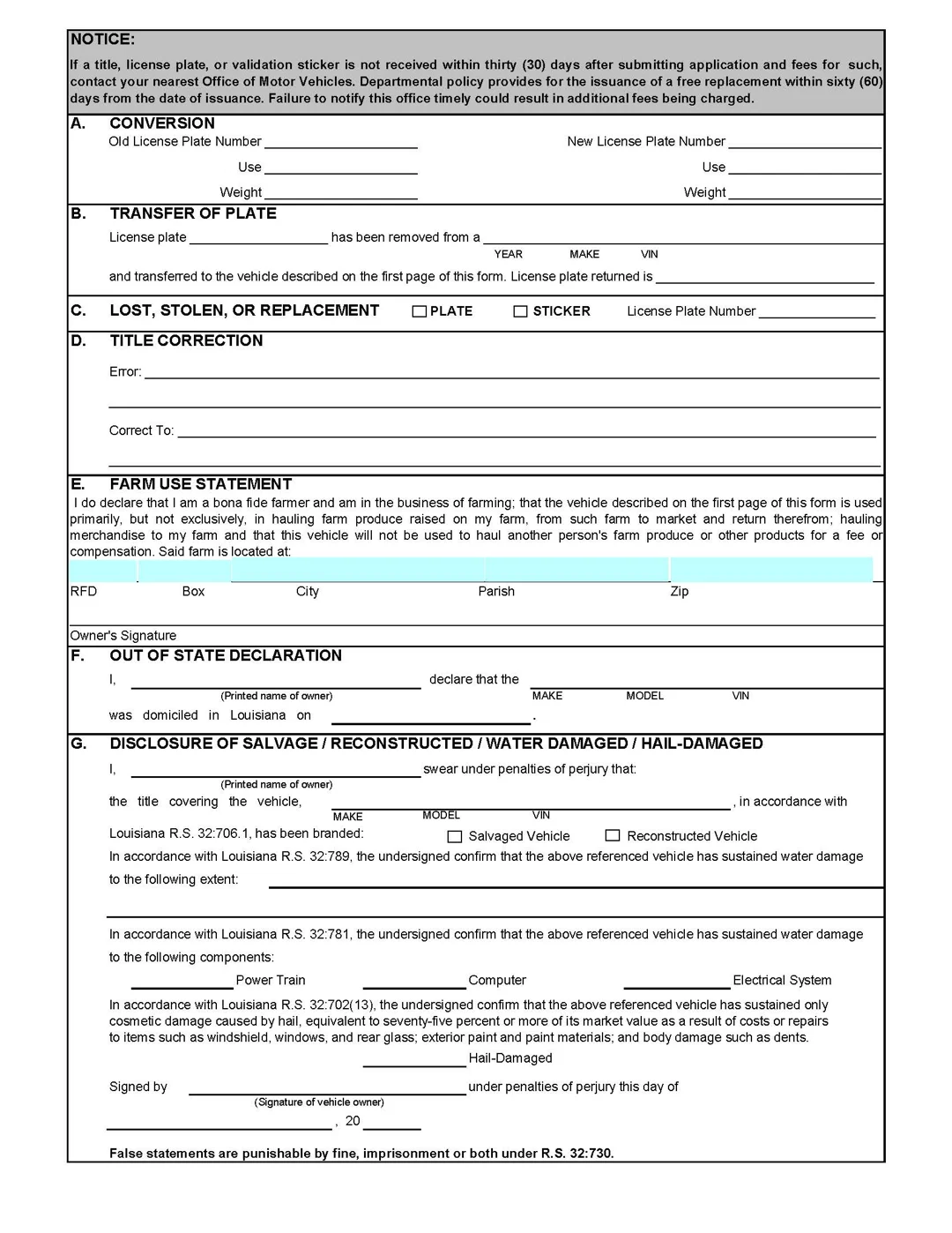 Louisiana Farm Use Statement Form Download | Title Authority